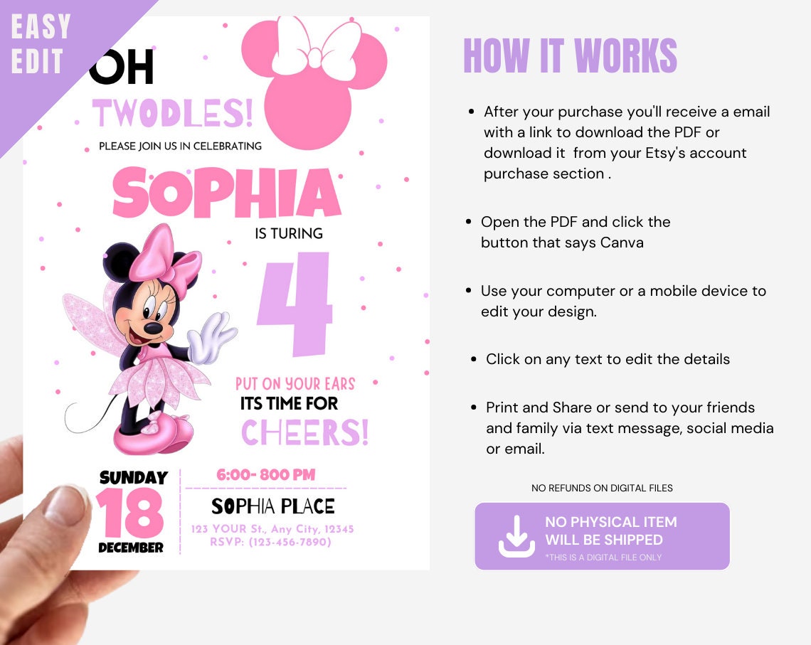 Editable Minnie Mouse Invitation - Minnie Mouse Pink Party Invite ...