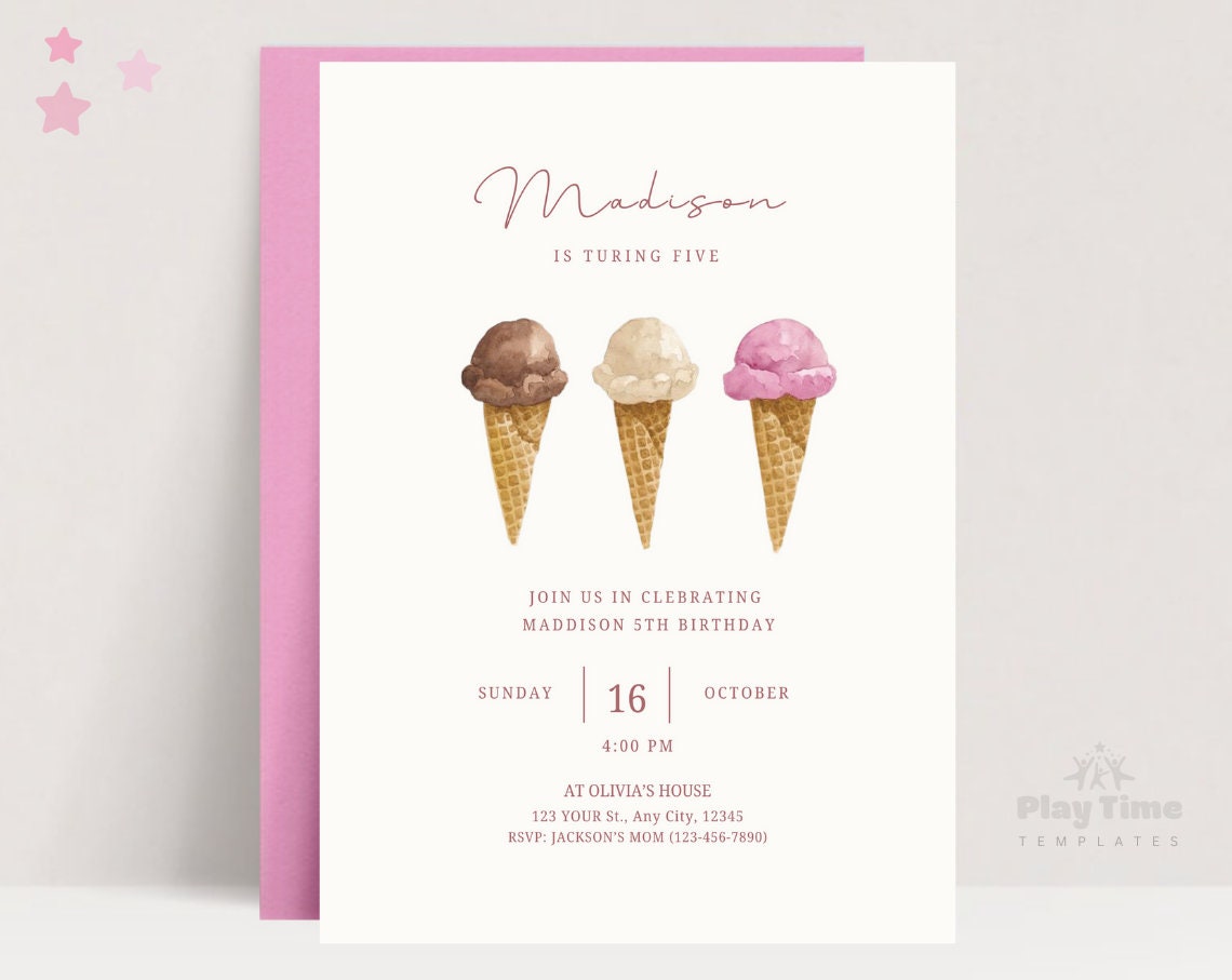 Editable Ice Cream Birthday Invitation, Ice Cream Party, Girl Ice Cream ...