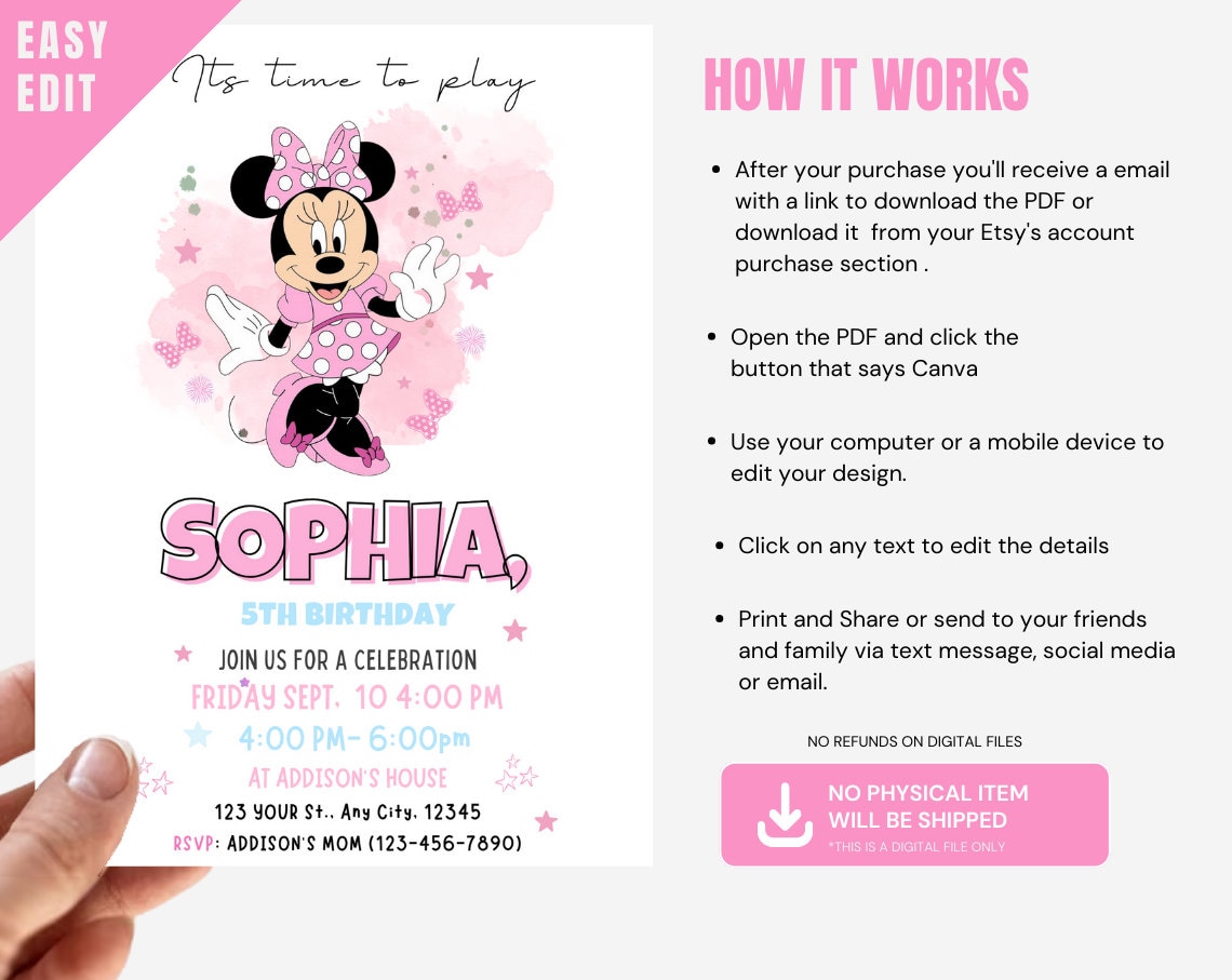 Minnie Mouse Party Invitation, Minnie Mouse Birthday Invite, Pink Minnie Mouse Template ...