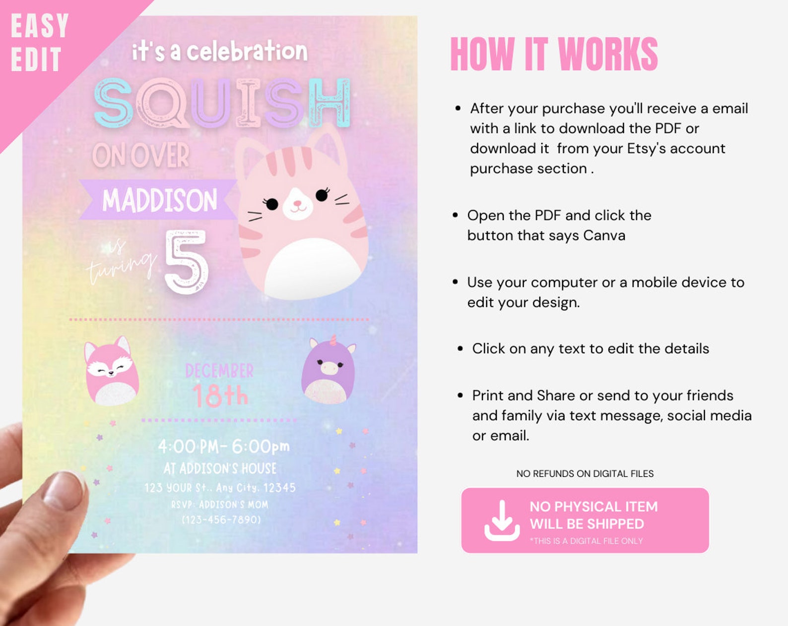 Squishmallow Birthday Invitation: Pink Stuff Animals, Editable (digital ...