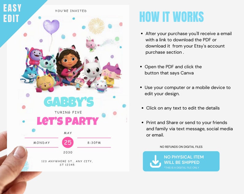Editable Gabby Dollhouse Birthday Invitation, Gabby Birthday Party ...