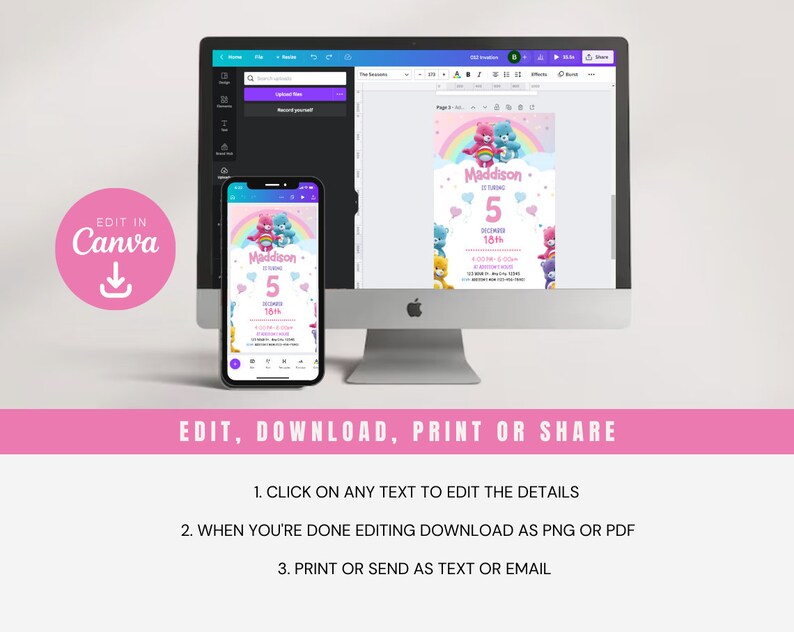 Invitación digital de Care Bears, invitación de cumpleaños ...