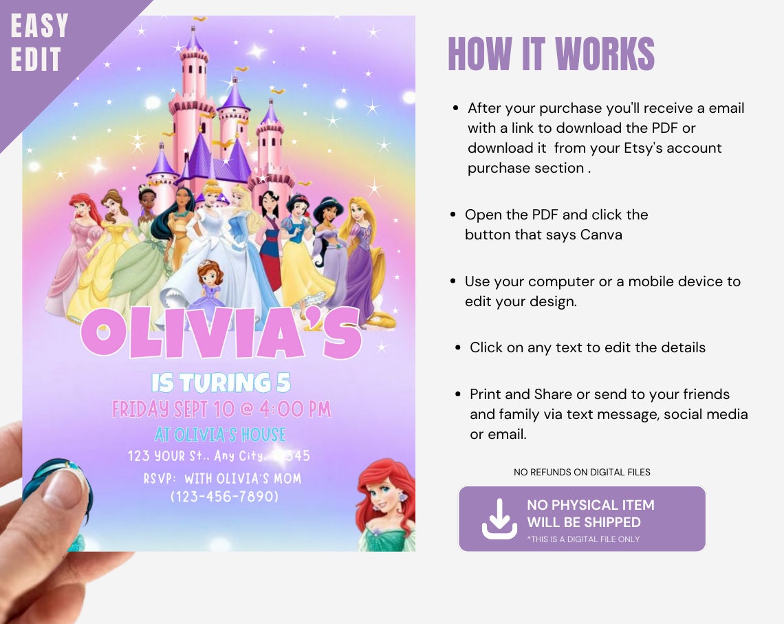 Editable Princess Birthday Invitation Girl Princess Birthday - Etsy