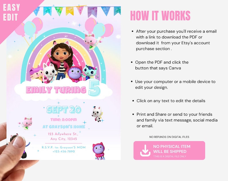 Editable Gabby's Dollhouse Birthday Invitation - Girl's Gabby Birthday ...