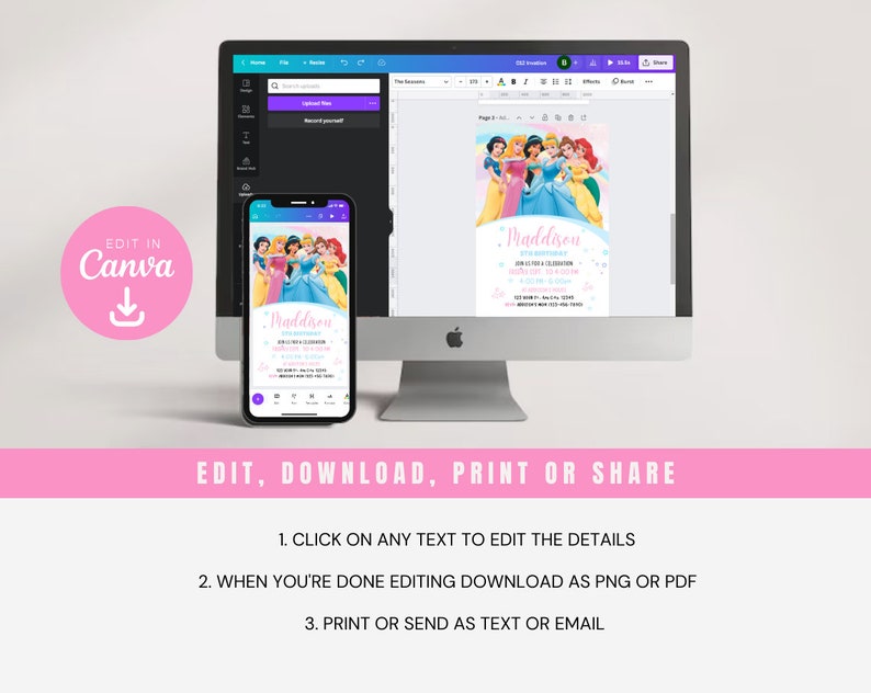 Princess Birthday Invitation, Princess Invitation Birthday Card, Girl ...