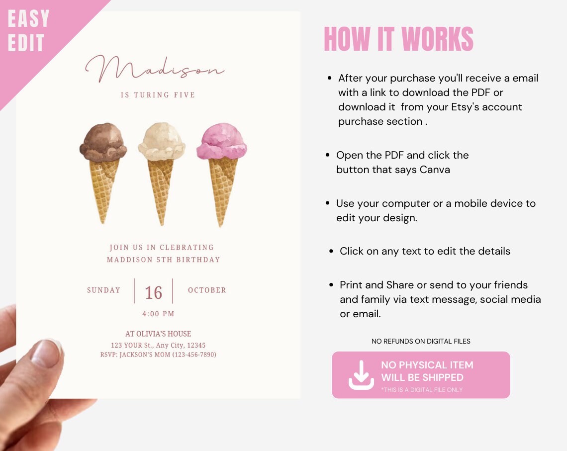 Editable Ice Cream Birthday Invitation, Ice Cream Party, Girl Ice Cream ...