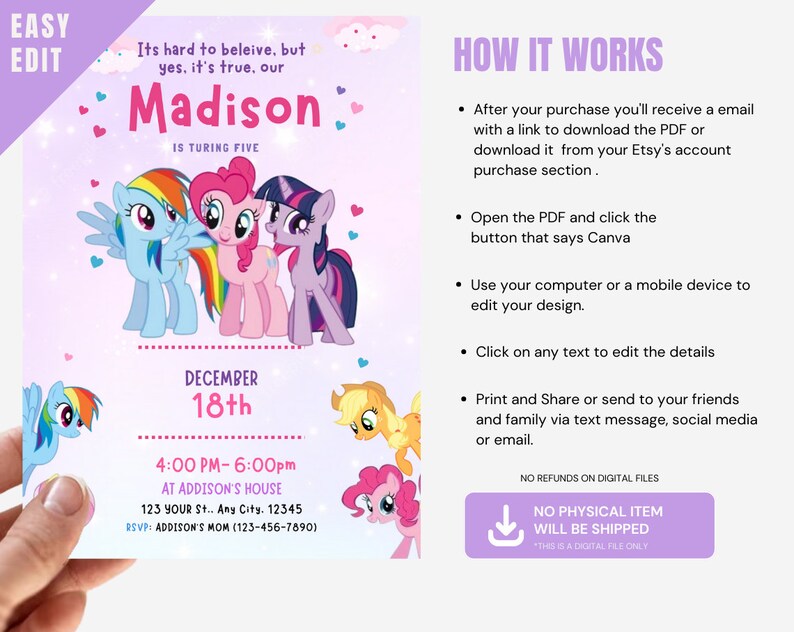 Editable My Little Pony Birthday Invitation: Canva Party Template ...