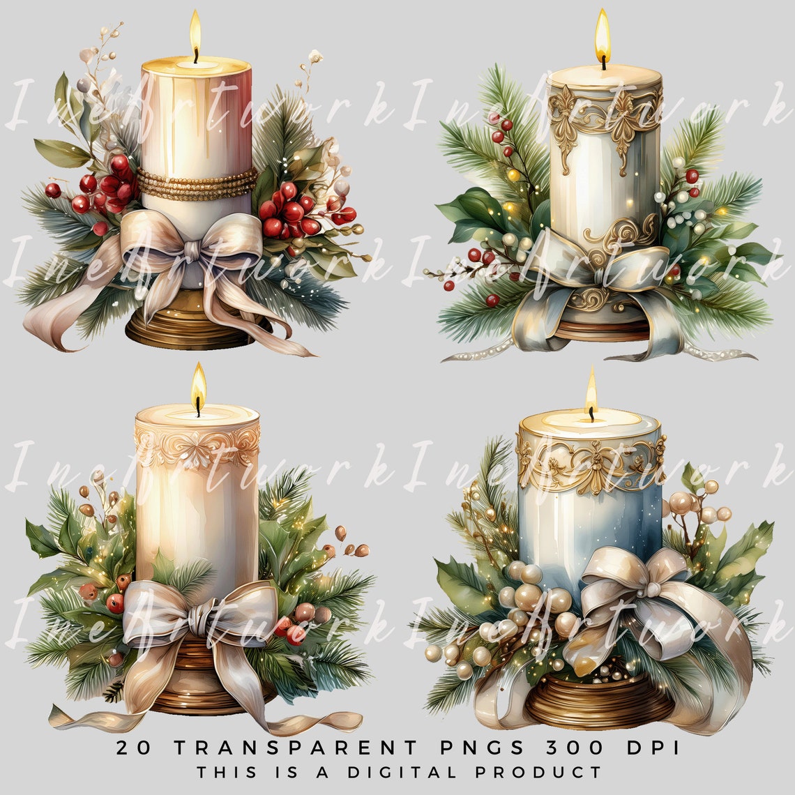 Christmas Candles Clipart: Watercolor PNG Images (digital Download) - Etsy