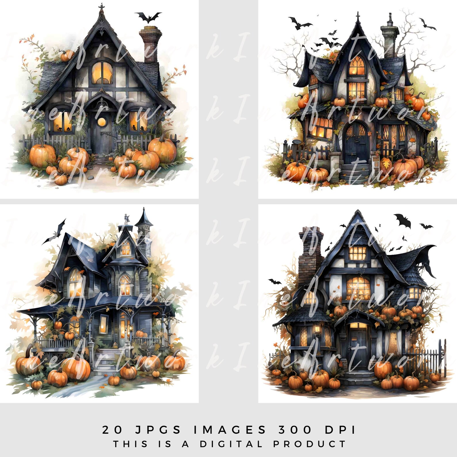 Haunted Houses Clipart: Watercolor Halloween Jpgs (commercial Use) - Etsy