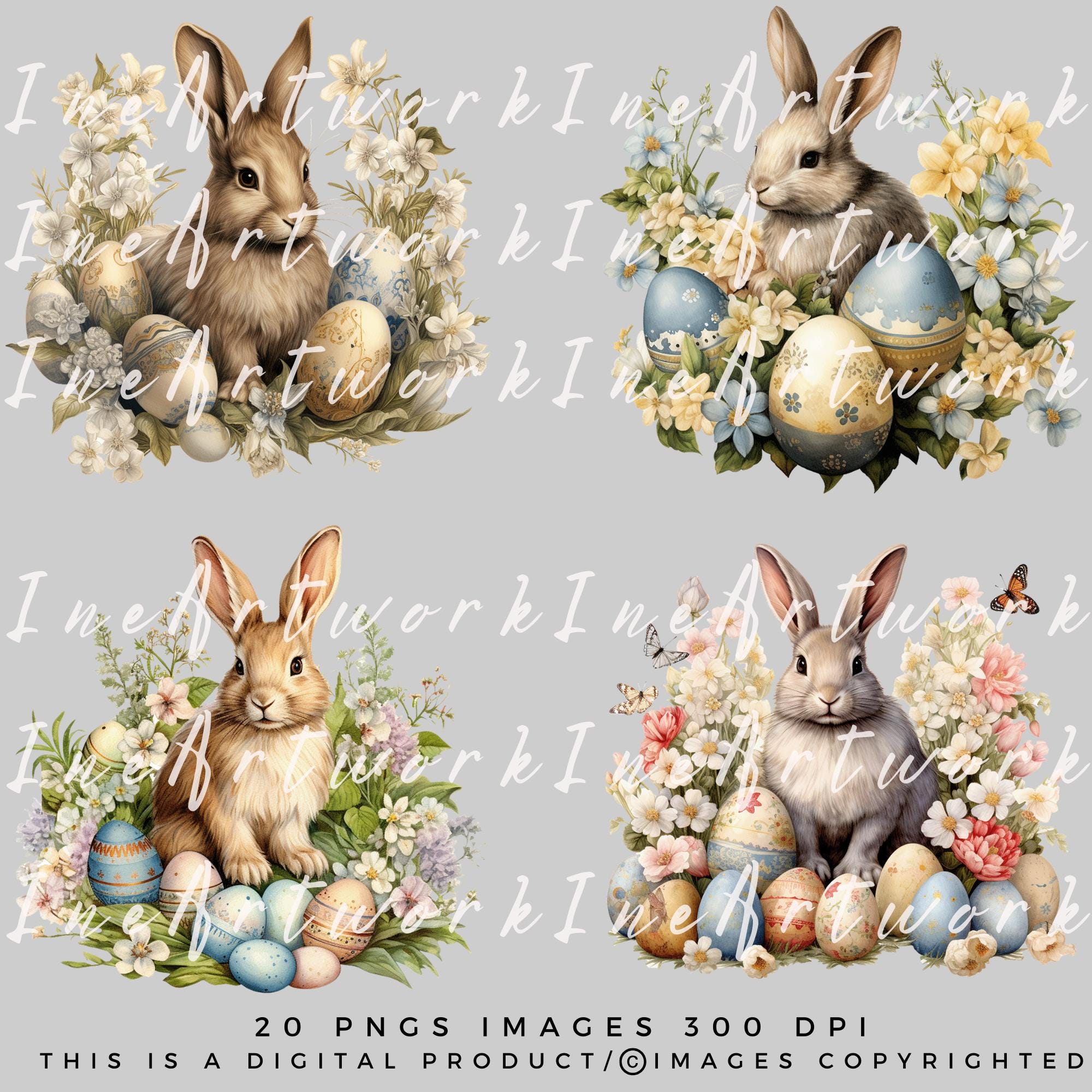 Vintage Easter Bunny Clipart: Watercolor PNG Bundle (digital Download ...