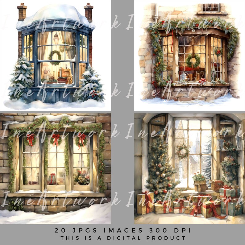 Watercolor Christmas Window Clipart: 20 JPG Images (digital Download ...