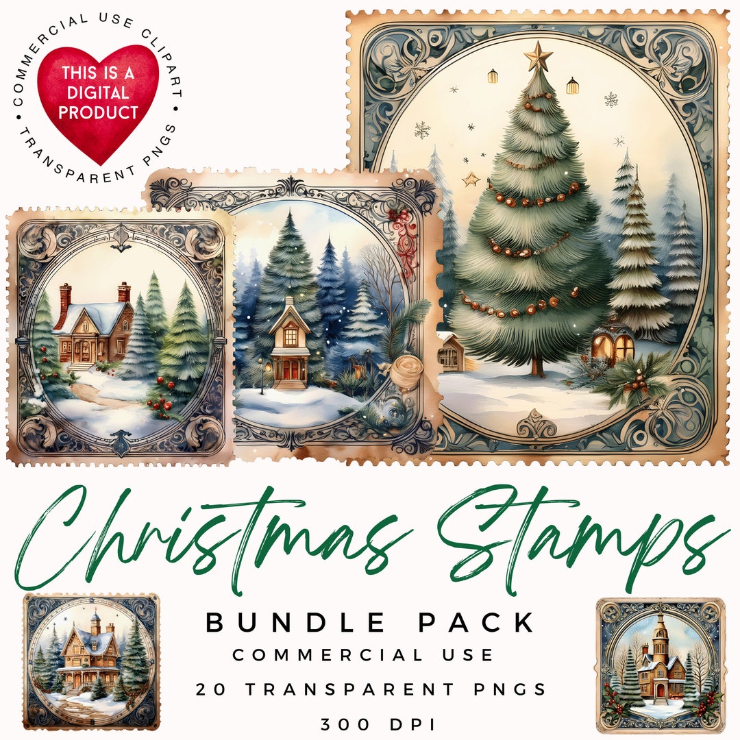 Vintage Christmas Stamps Clipart: PNG Graphics for Junk Journals ...