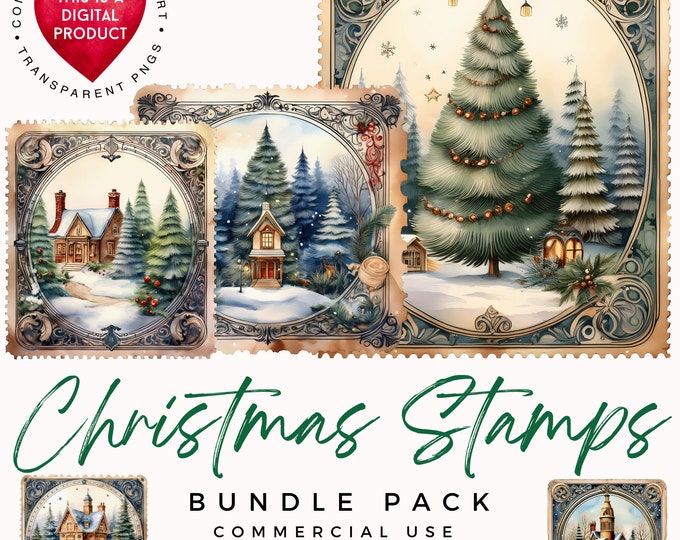 Vintage Christmas Stamps Clipart 24 JPG Digital Image Files for Cards ...