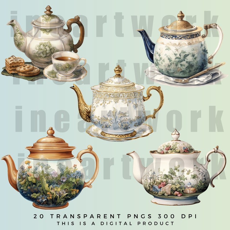Vintage Tea Set Clipart Watercolor Clipart Floral Tea Cup Tea Party ...