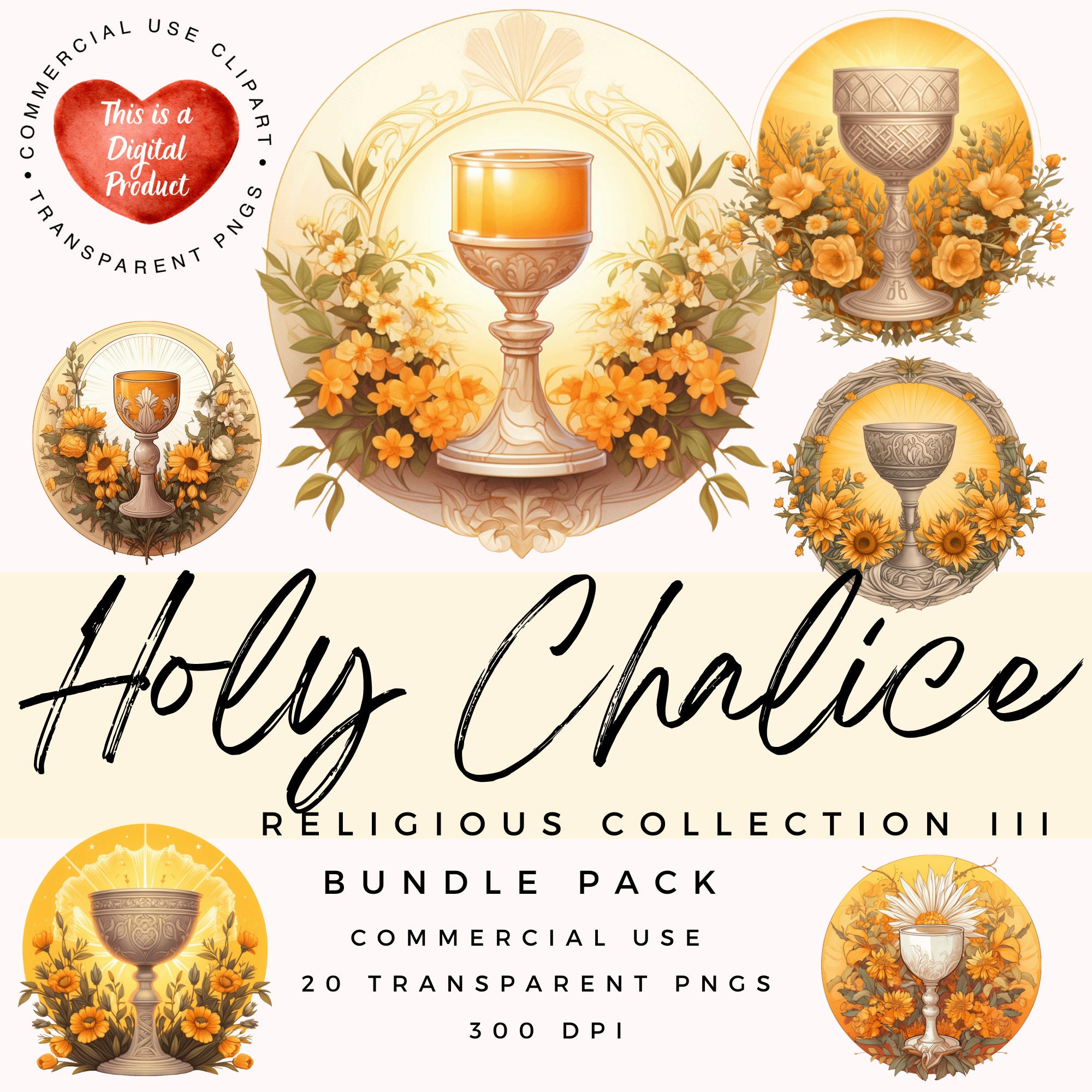 Holy Chalice Clipart Yellow Tones Watercolor Clipart Religious Prints ...