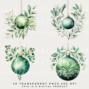 Green Christmas Baubles Clipart: Watercolor Ornaments (digital Download ...