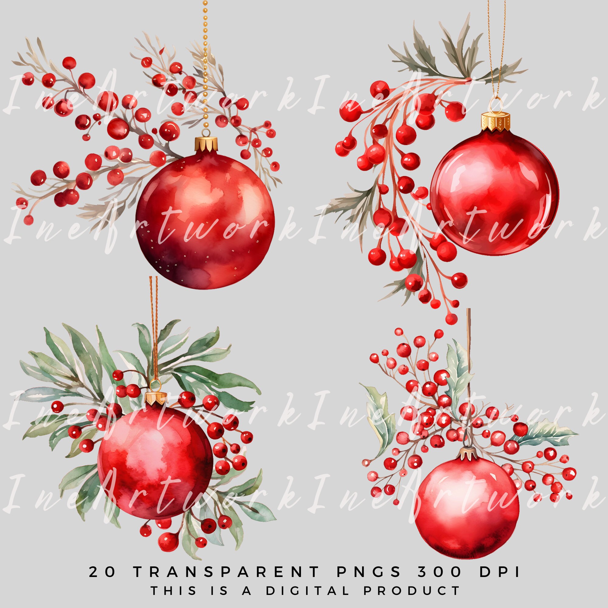 Red Christmas Baubles Clipart: Watercolor Ornaments (digital Download ...