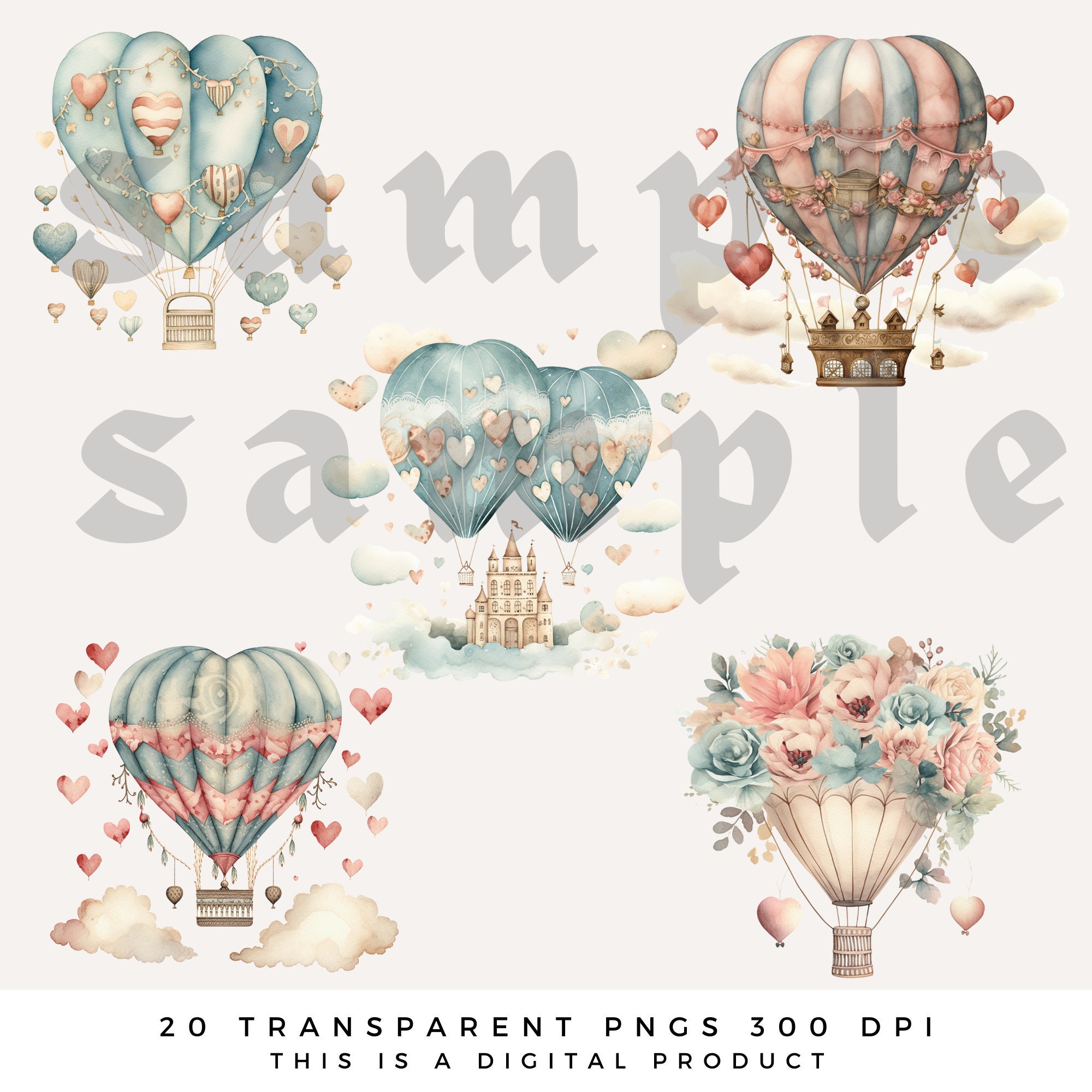 Hot Air Balloon Clipart Commercial Use Valentine's Day Watercolor ...