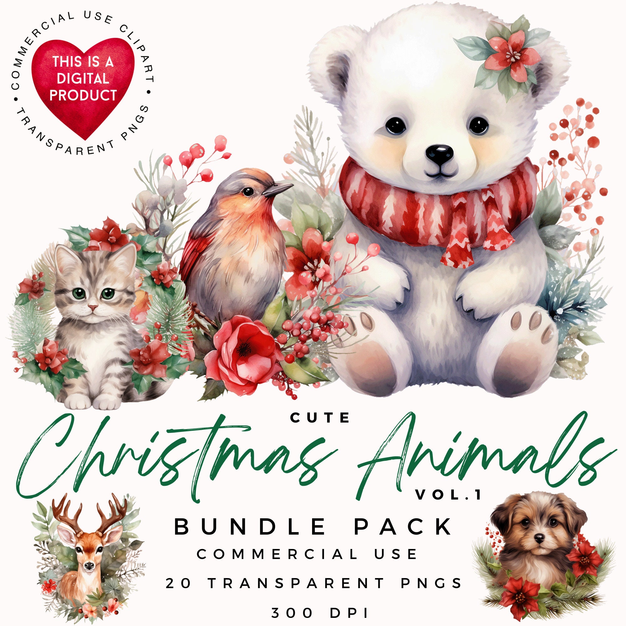 Watercolor Christmas Animals Clipart: PNG Bundle for Junk Journals ...