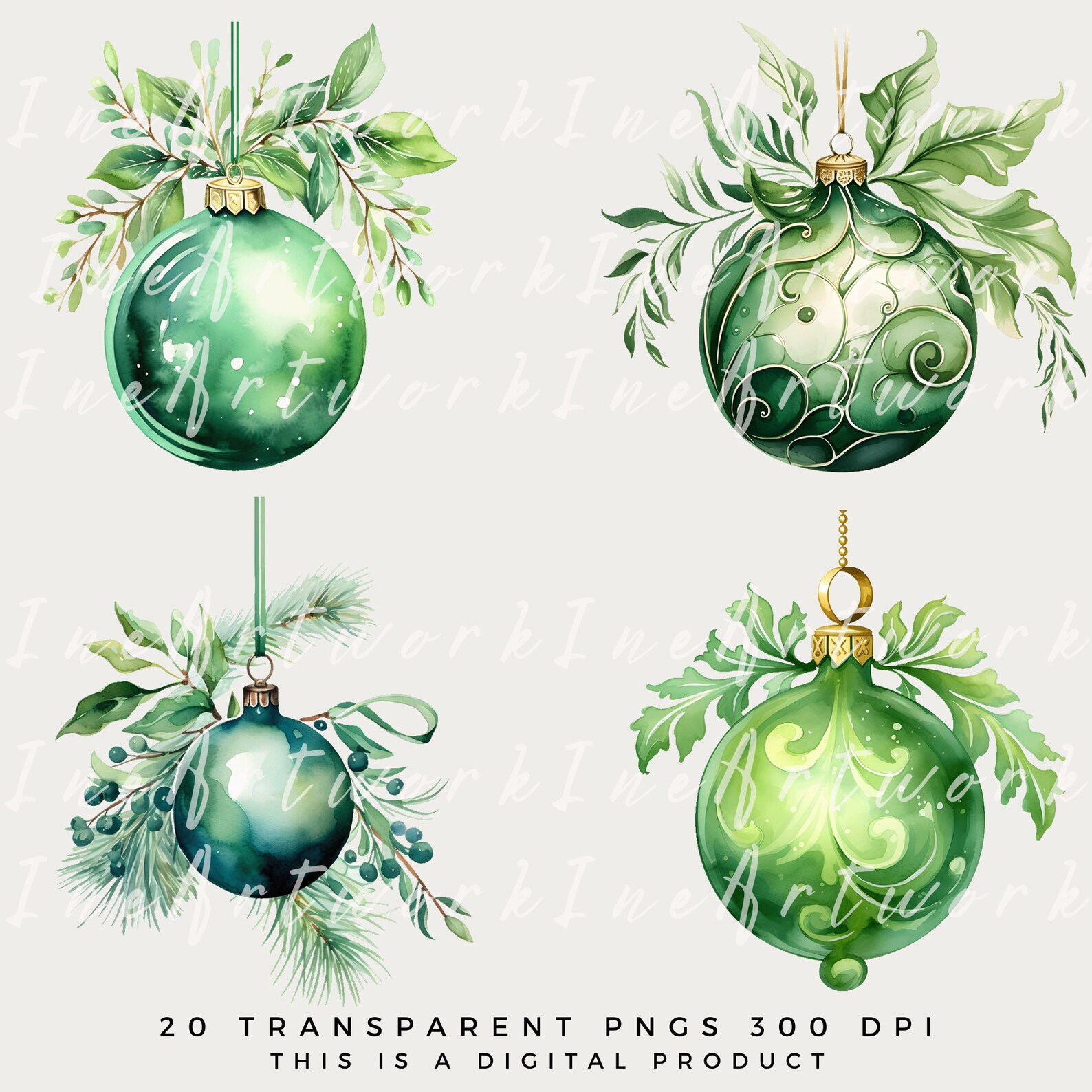 Green Christmas Baubles Clipart: Watercolor Ornaments (digital Download ...