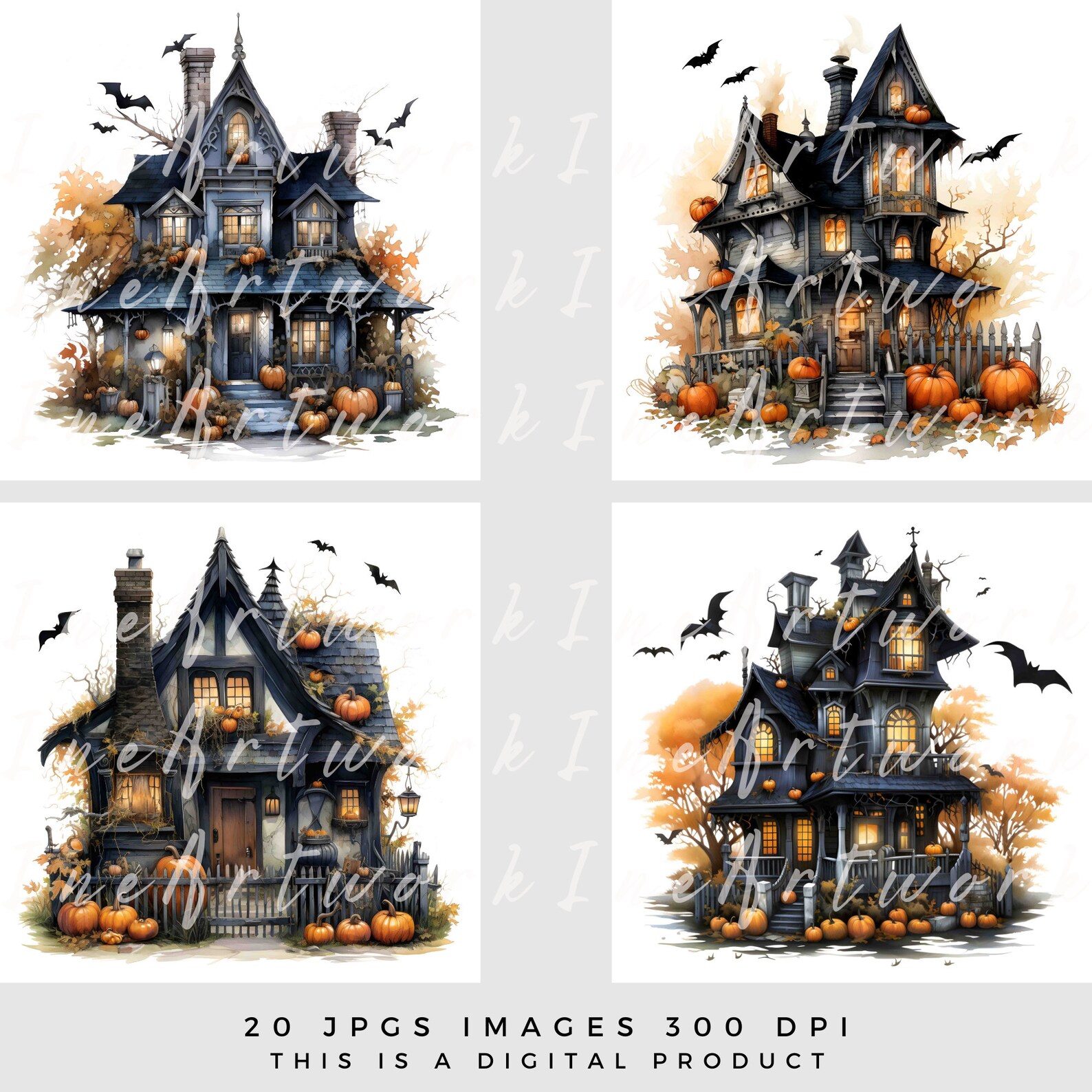 Haunted Houses Clipart: Watercolor Halloween Jpgs (commercial Use) - Etsy