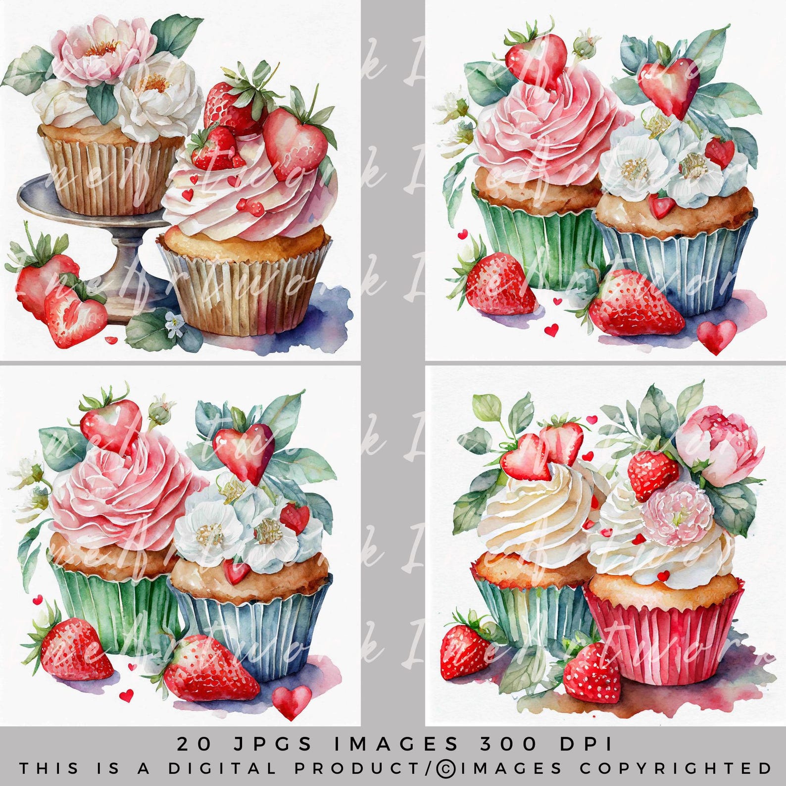 Valentine's Cupcakes Clipart: Watercolor JPG Images (digital Download ...