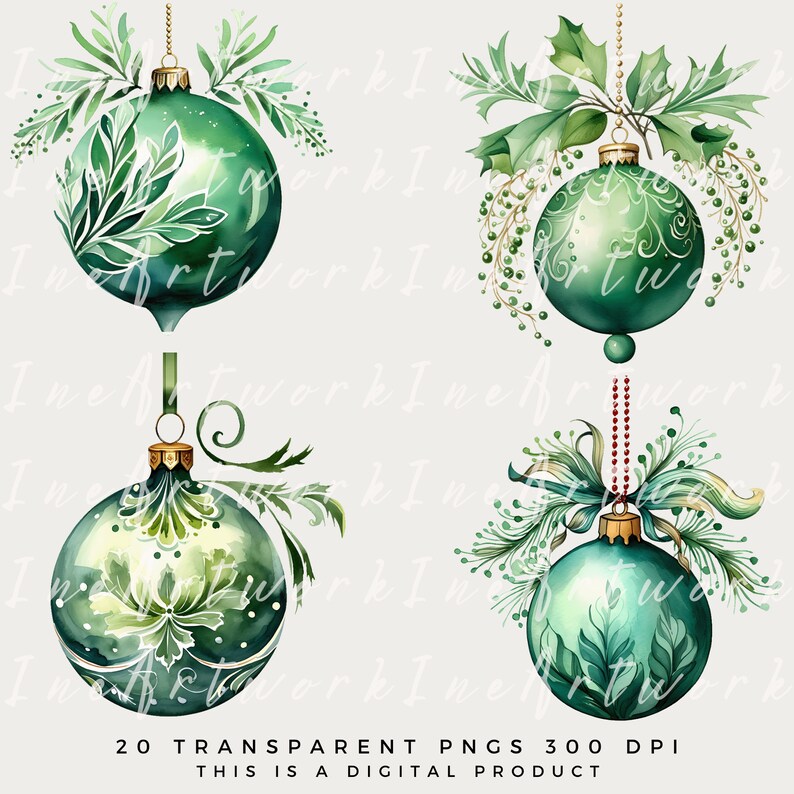 Green Christmas Baubles Clipart: Watercolor Ornaments (digital Download ...