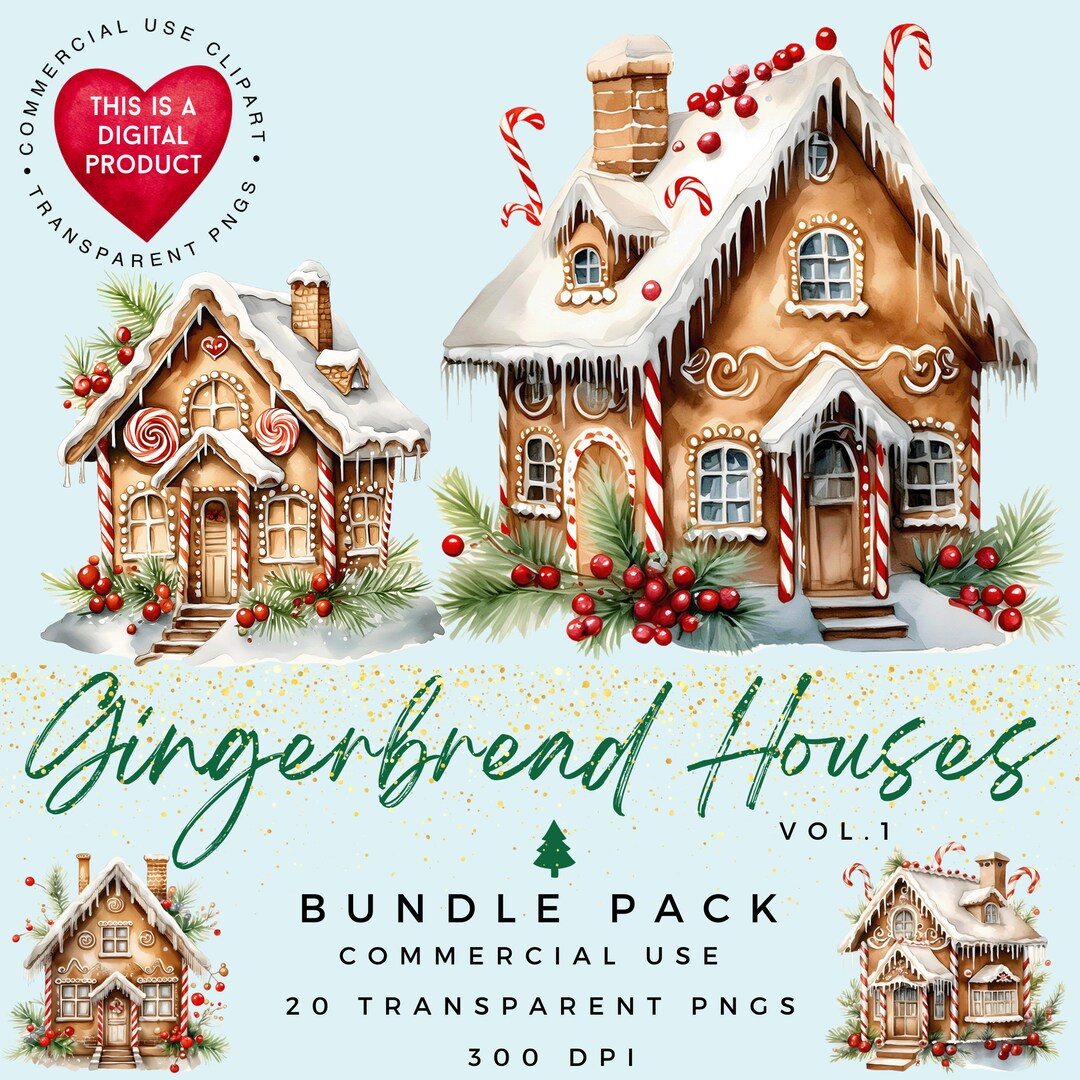 Watercolor Gingerbread Houses Clipart | Christmas PNG (digital Download ...