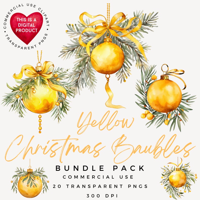 Yellow Christmas Baubles Clipart: Watercolor Ornaments (digital ...