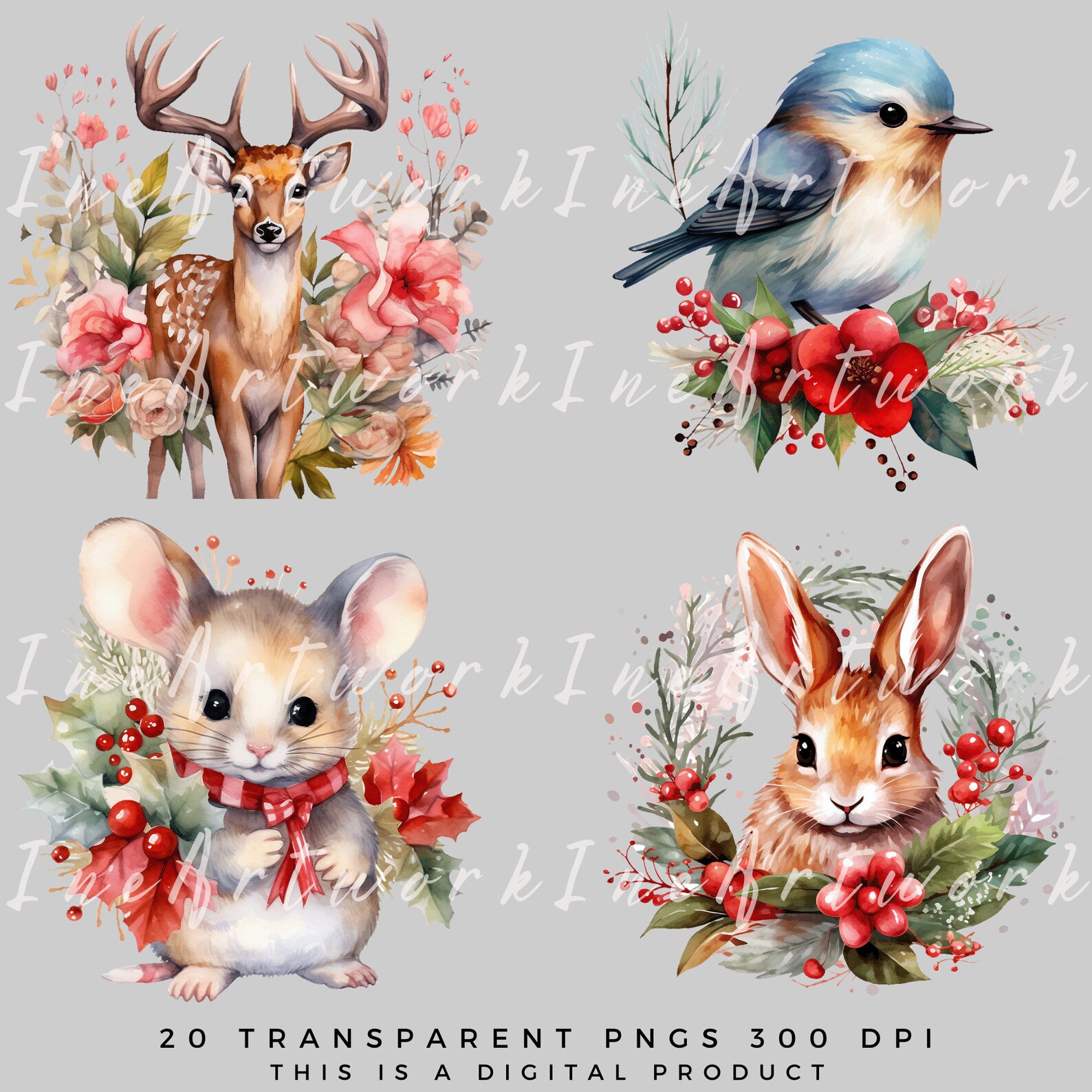 Watercolor Christmas Animals Clipart: PNG Bundle for Junk Journals ...