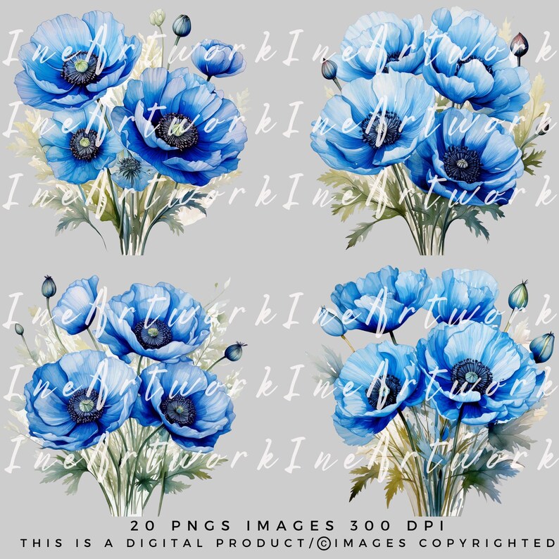 Blue Poppy Watercolor Clipart: 20 PNG Floral Graphics (digital Download ...