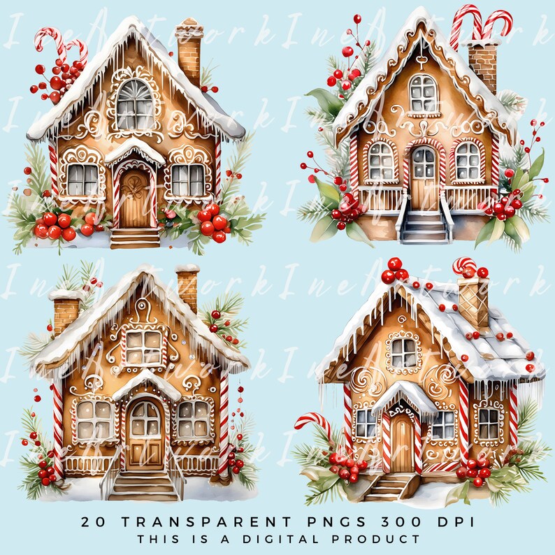 Watercolor Gingerbread Houses Clipart | Christmas PNG (digital Download ...