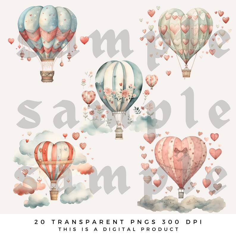 Hot Air Balloon Clipart Commercial Use Valentine's Day Watercolor ...