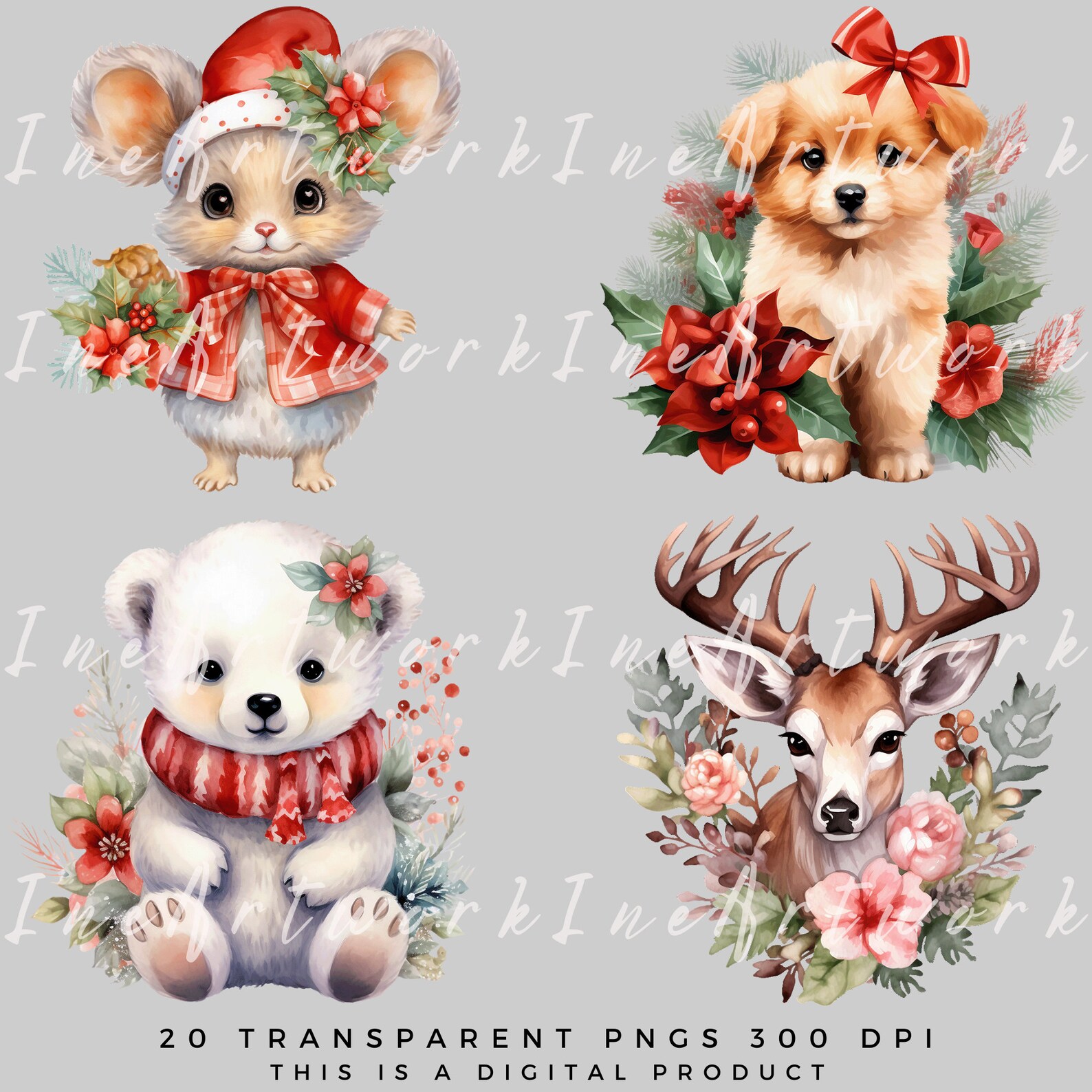 Watercolor Christmas Animals Clipart: PNG Bundle for Junk Journals ...