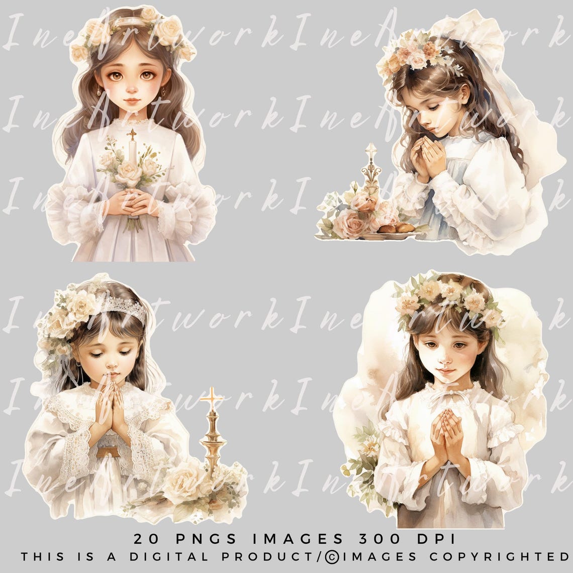 First Communion Girls Clipart: Watercolor PNG Bundle (digital Download ...