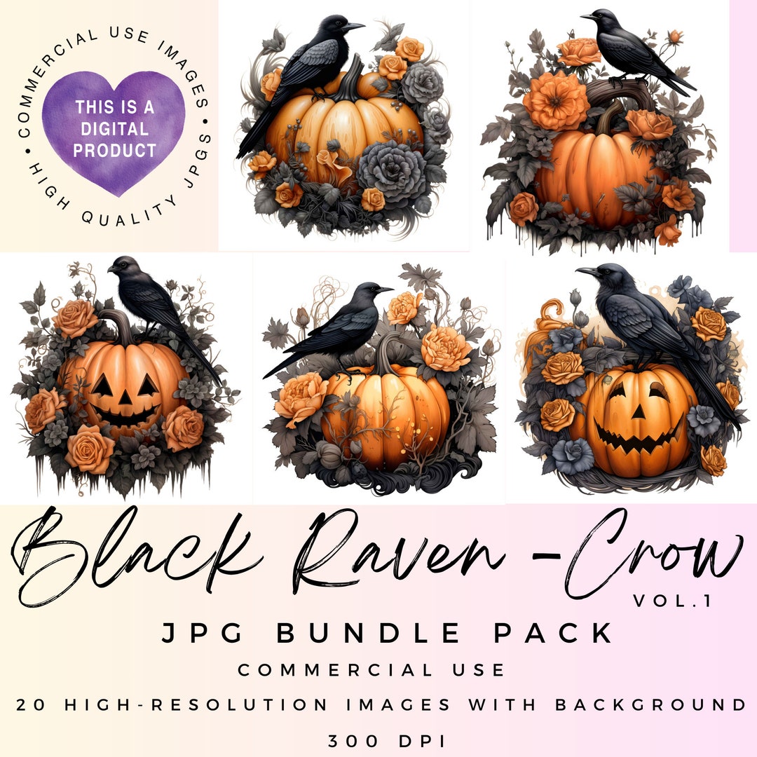 Watercolor Raven Clipart: Halloween Crow JPG Bundle (digital Download ...