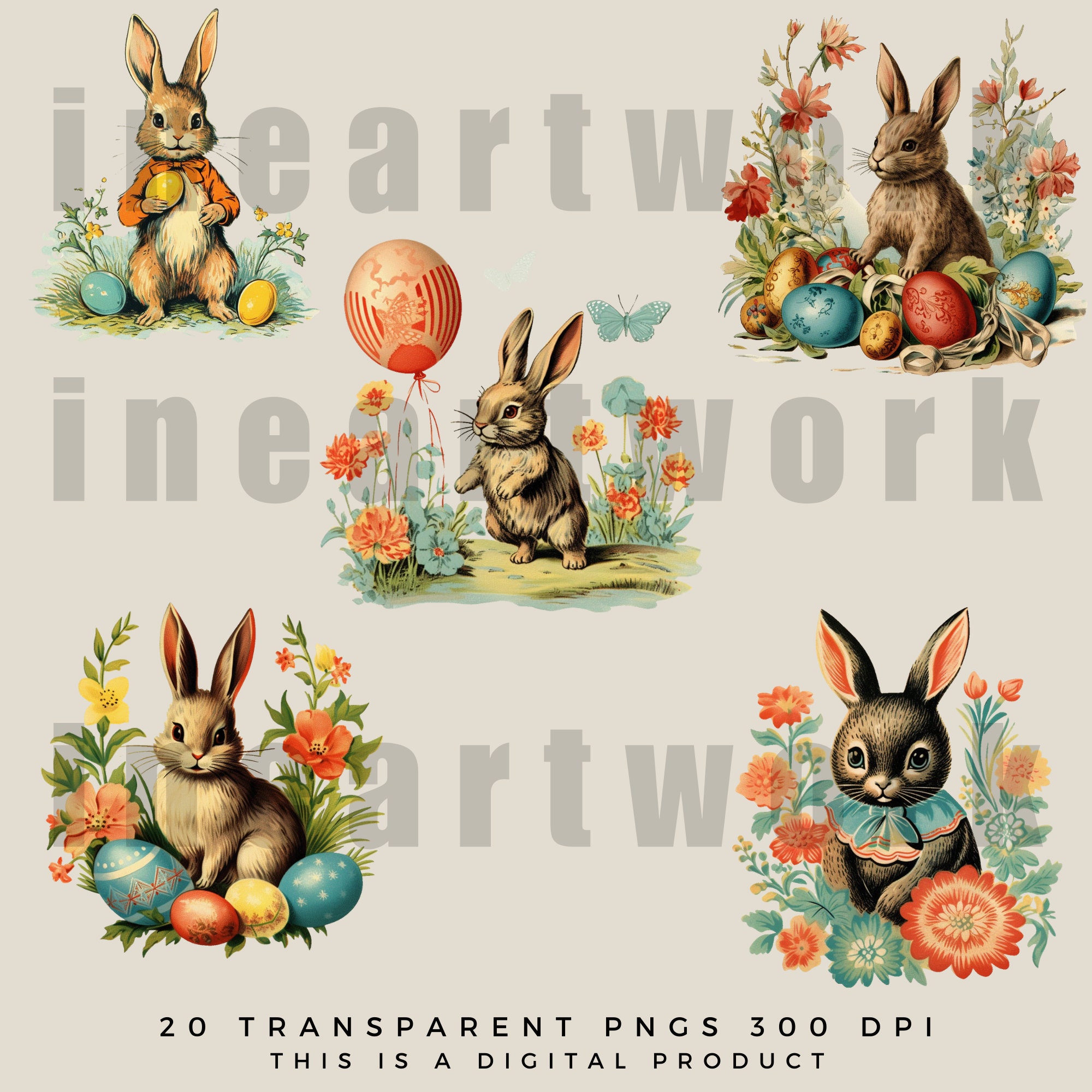 Retro Easter Bunny Clipart PNG Vintage Illustration Retro Easter ...