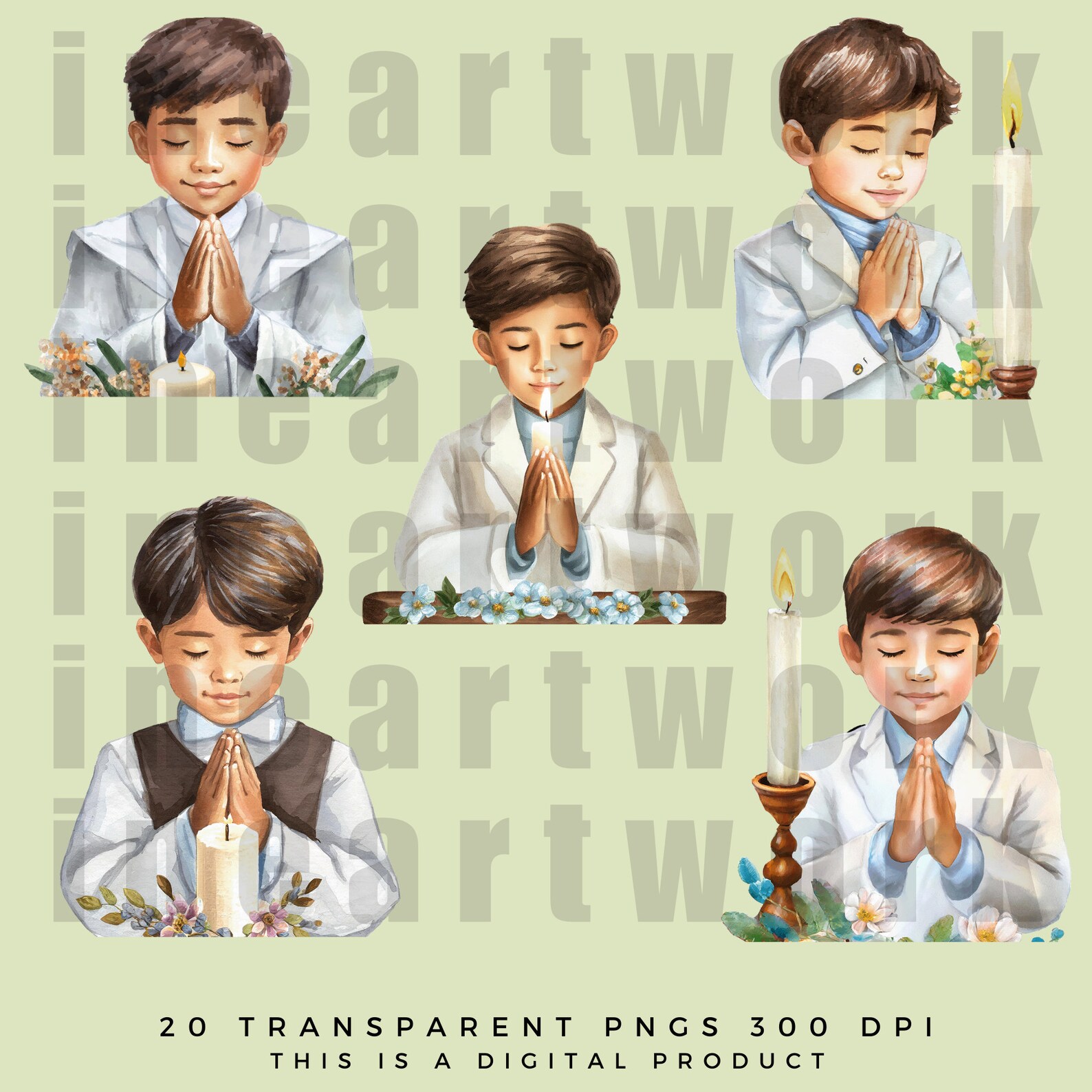 First Communion Boy Clipart: Watercolor Religious Pngs (digital ...