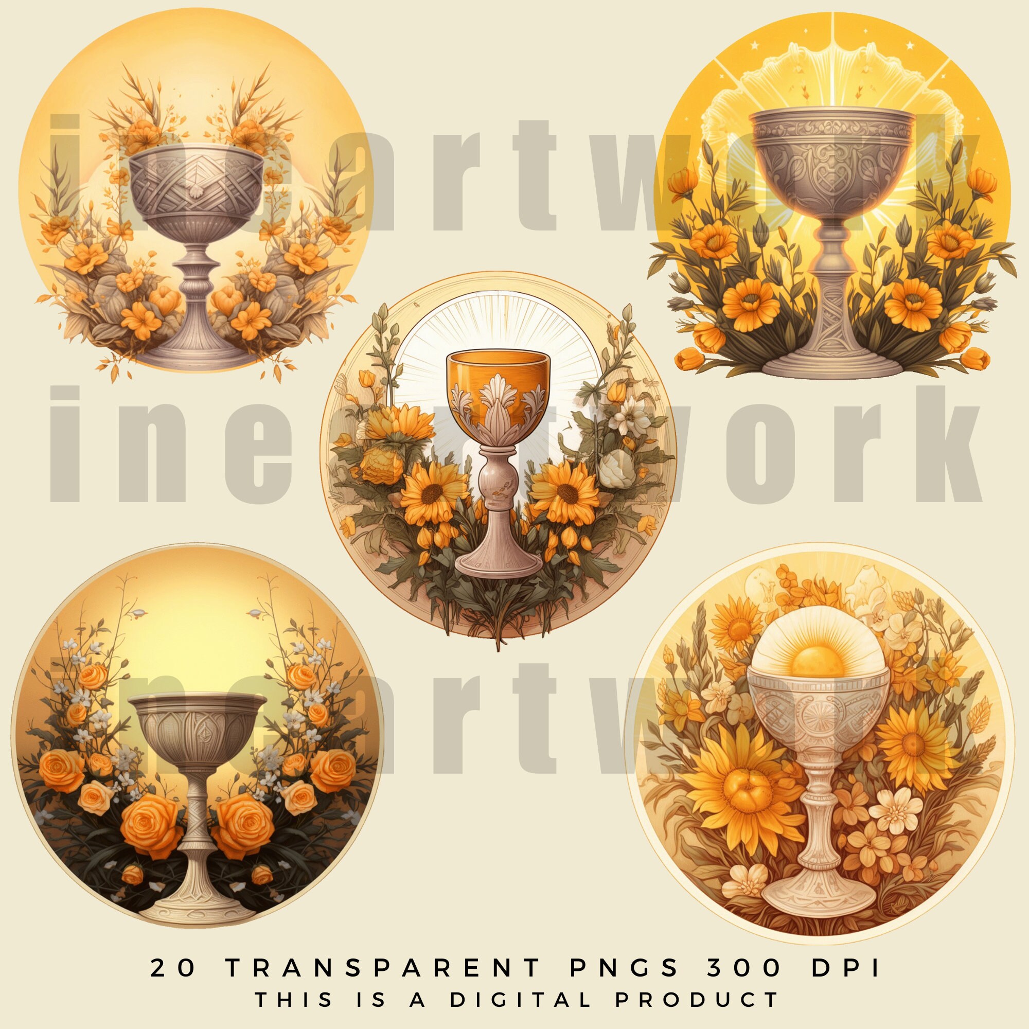 Holy Chalice Clipart Yellow Tones Watercolor Clipart Religious Prints ...