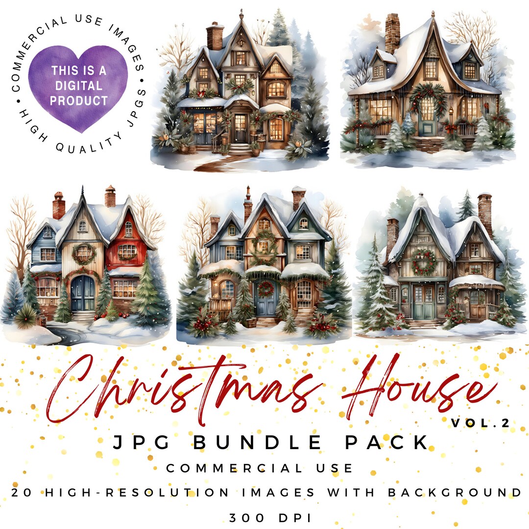 Watercolor Christmas House Clipart: Snowy Village JPG Bundle (digital ...