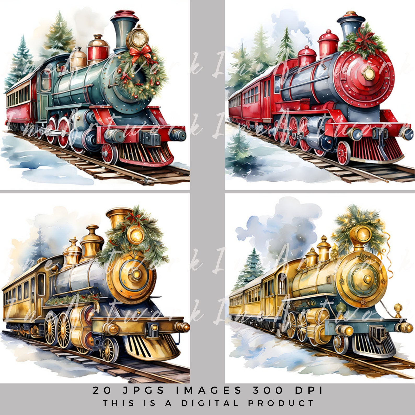 Vintage Christmas Train Clipart | Watercolor Train Clipart | High ...
