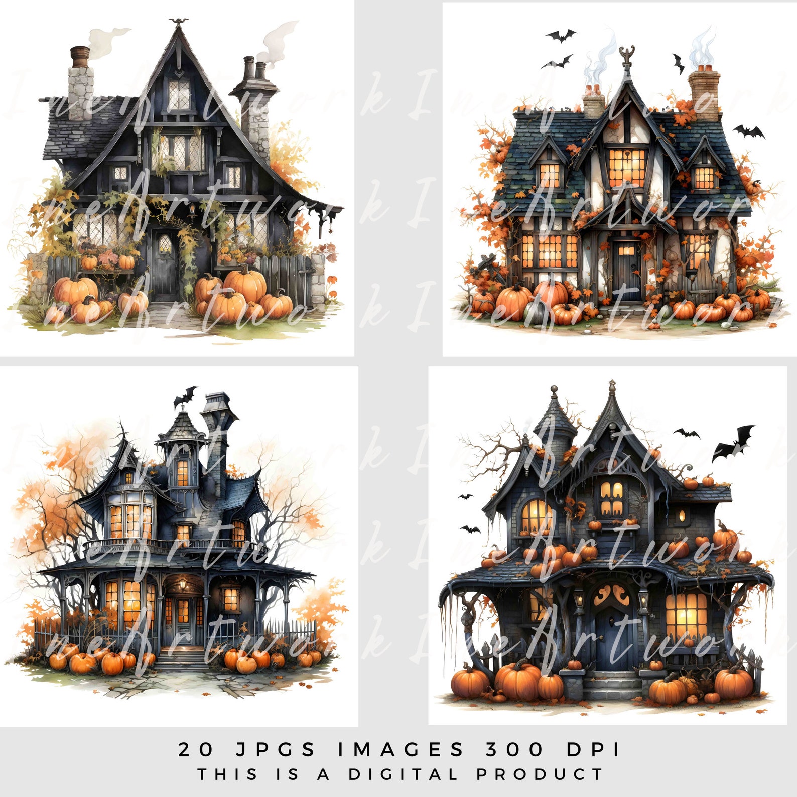 Haunted Houses Clipart: Watercolor Halloween Jpgs (commercial Use) - Etsy