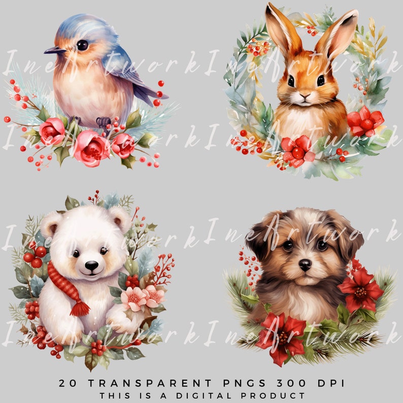 Watercolor Christmas Animals Clipart: PNG Bundle for Junk Journals ...