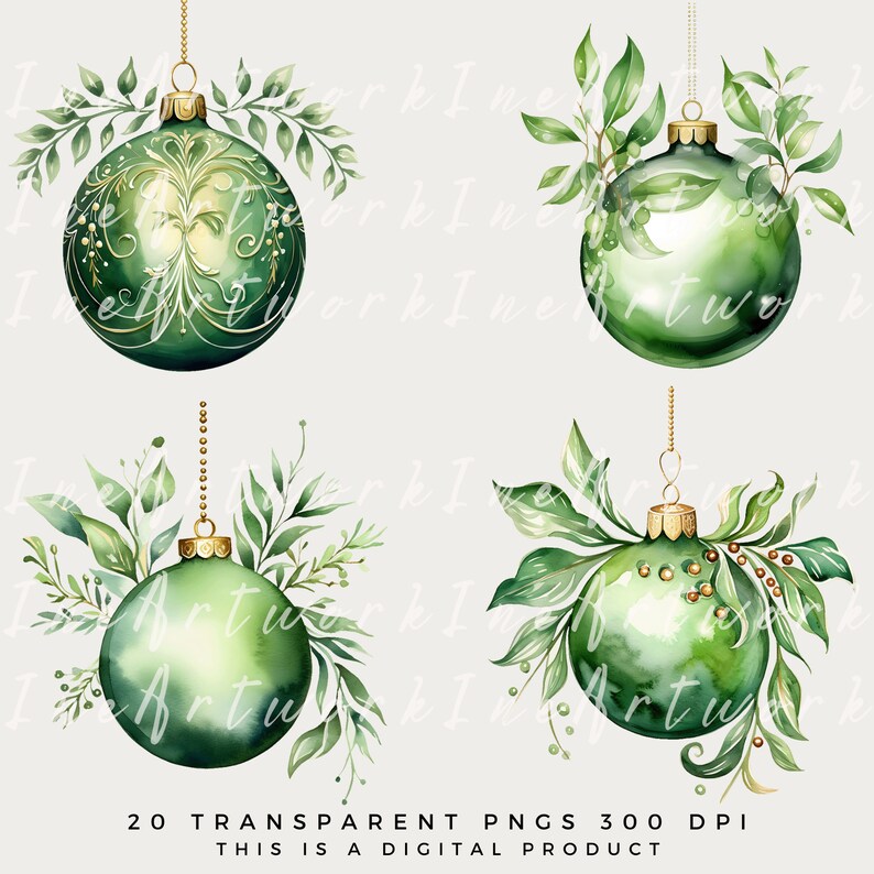 Green Christmas Baubles Clipart: Watercolor Ornaments (digital Download ...