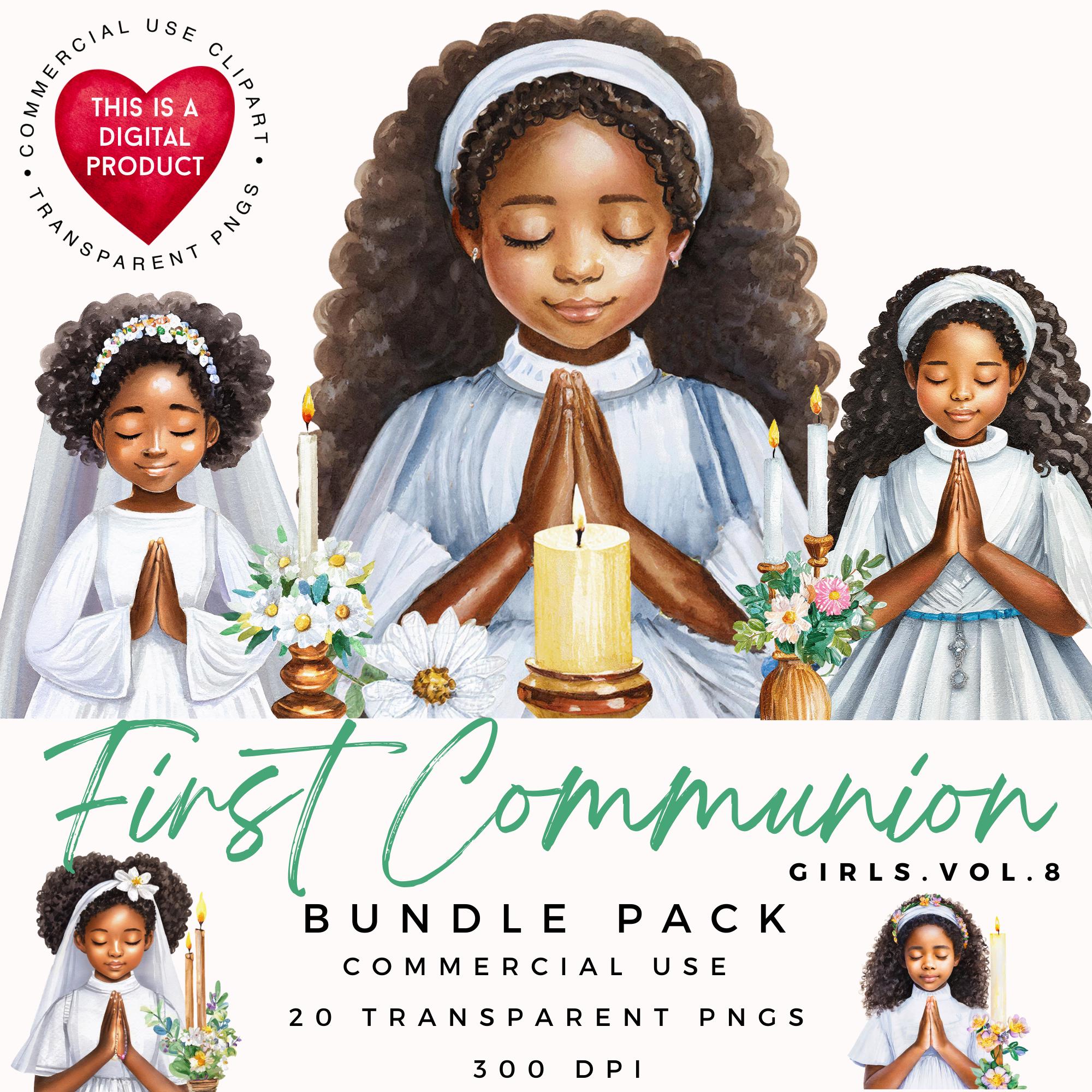 First Communion Black Girls Clipart: Watercolor PNG Bundle (digital ...