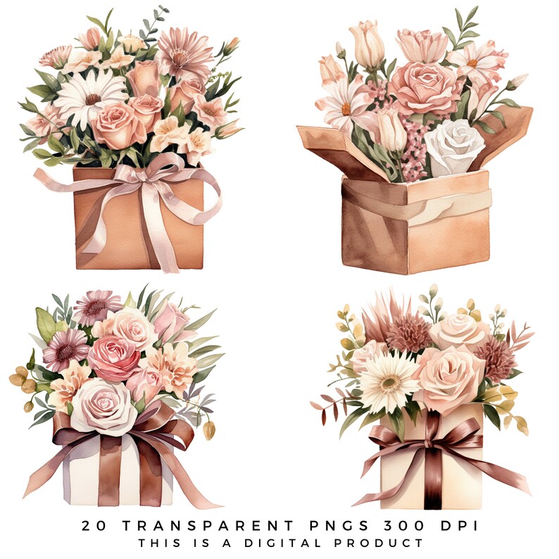 Flower Box Clipart Watercolor Flowers Floral Box Flower Gift Botanical ...