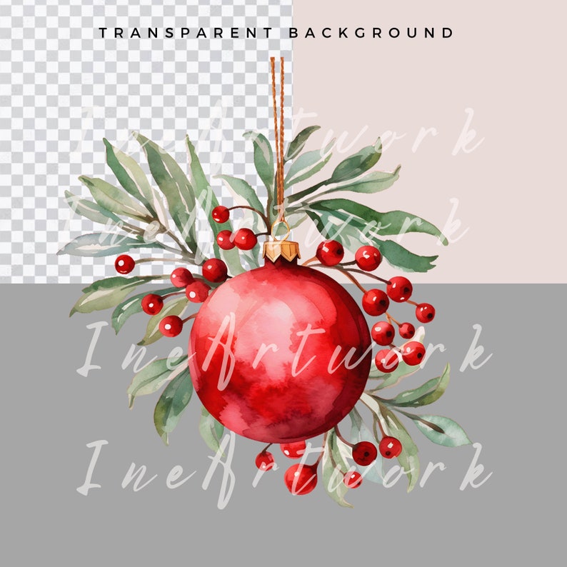 Red Christmas Baubles Clipart: Watercolor Ornaments (digital Download ...