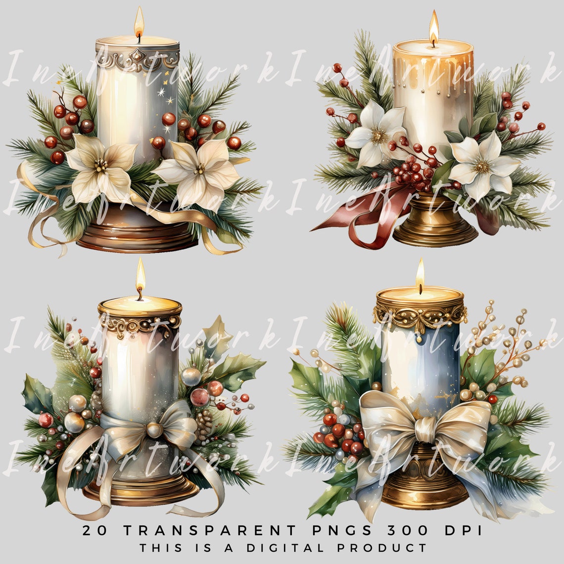 Christmas Candles Clipart: Watercolor PNG Images (digital Download) - Etsy