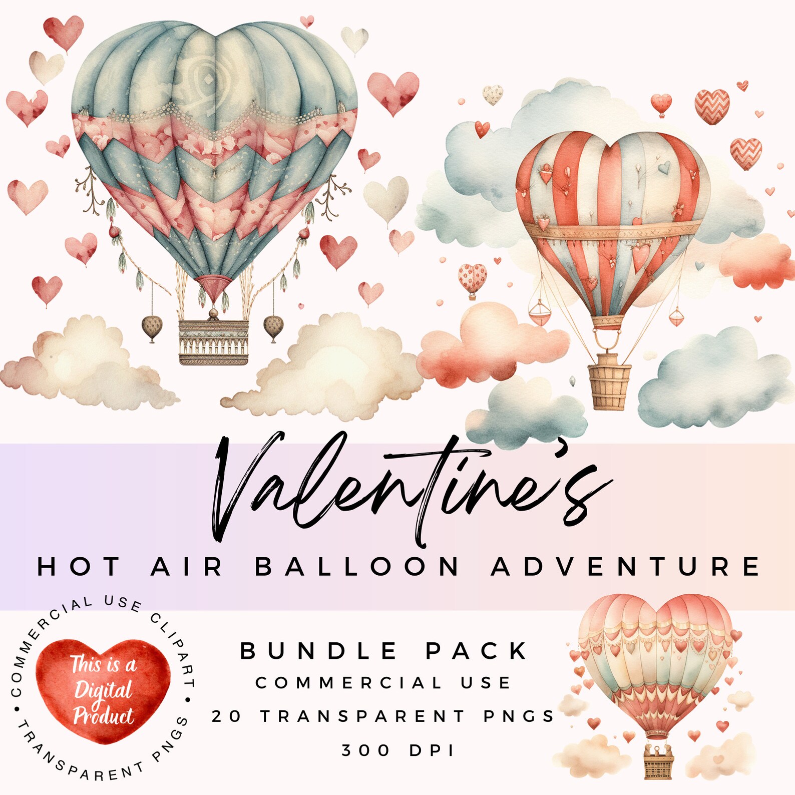 Watercolor Hot Air Balloon Clipart: Valentine's Day Pngs (commercial ...