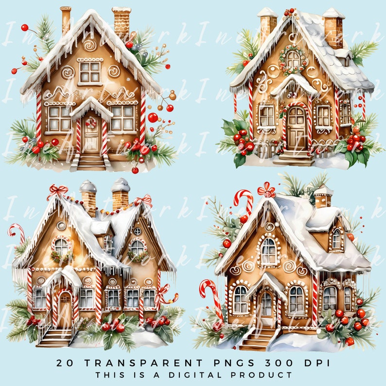 Watercolor Gingerbread Houses Clipart | Christmas PNG (digital Download ...